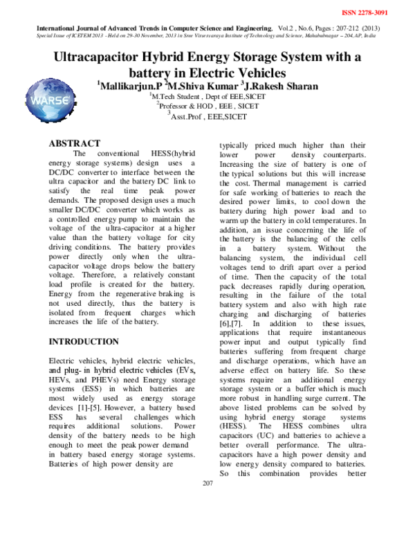 (PDF) Ultracapacitor Hybrid Energy Storage System with a battery in Electric Vehicles