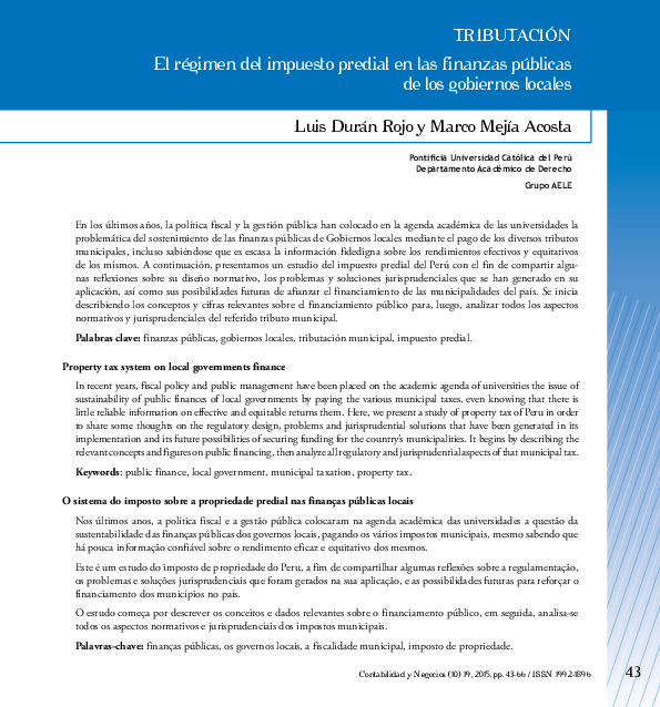 (PDF) El régimen del impuesto predial en las finanzas públicas de los gobiernos locales | Marco ...