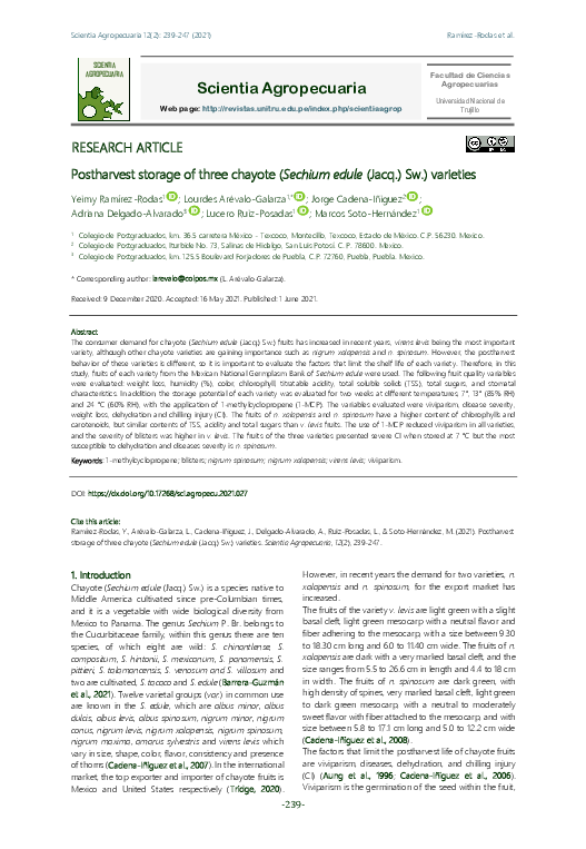 (PDF) Postharvest storage of three chayote (Sechium edule (Jacq.) Sw.) varieties