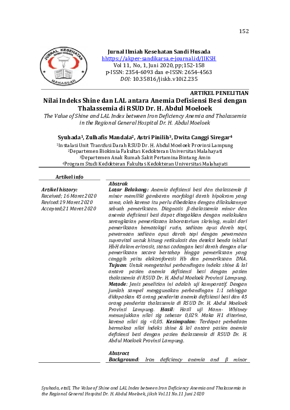 (PDF) Nilai Indeks Shine dan LAL antara Anemia Defisiensi Besi dengan ...