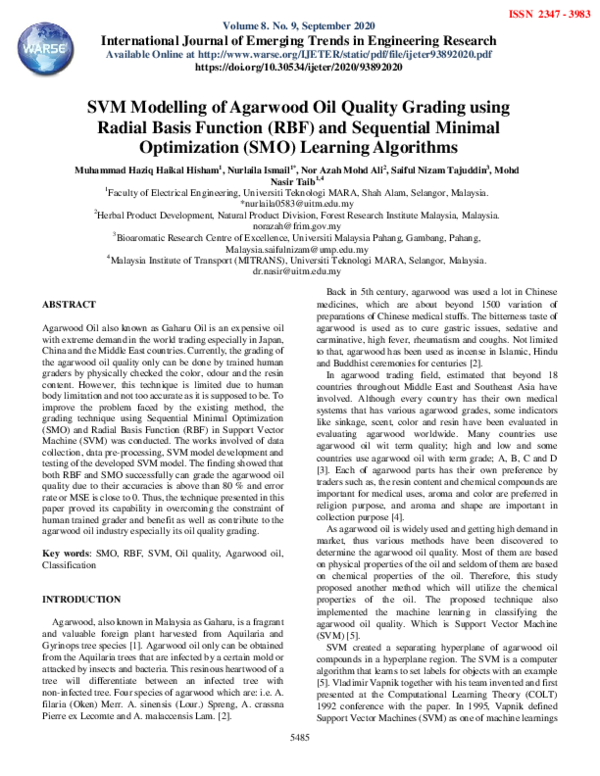 Pdf Svm Modelling Of Agarwood Oil Quality Grading Using Radial Basis Function Rbf And
