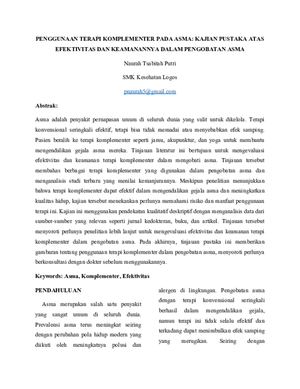 (DOC) PENGGUNAAN TERAPI KOMPLEMENTER PADA ASMA: KAJIAN PUSTAKA ATAS EFEKTIVITAS DAN KEAMANANNYA ...