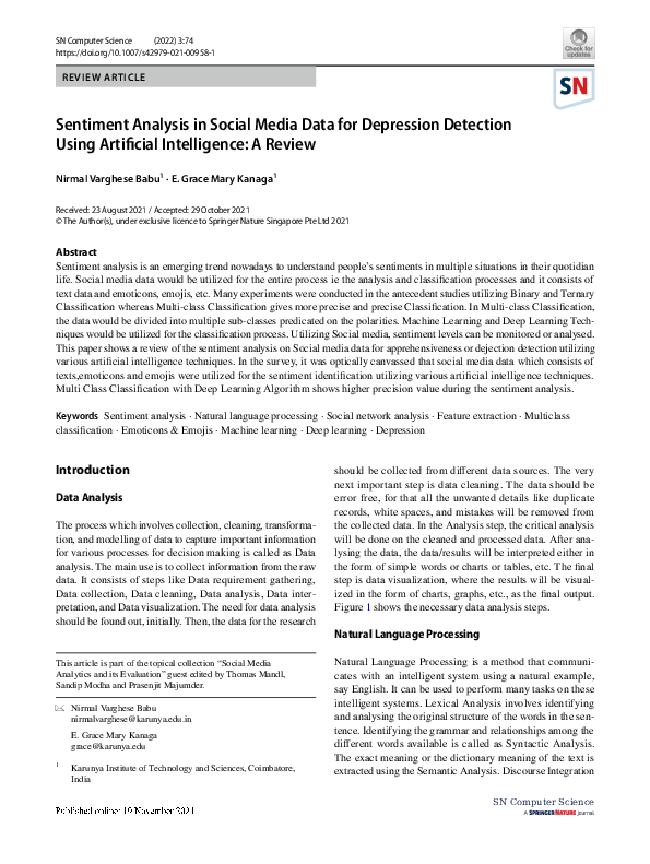(PDF) Sentiment Analysis in Social Media Data for Depression Detection Using Artificial ...