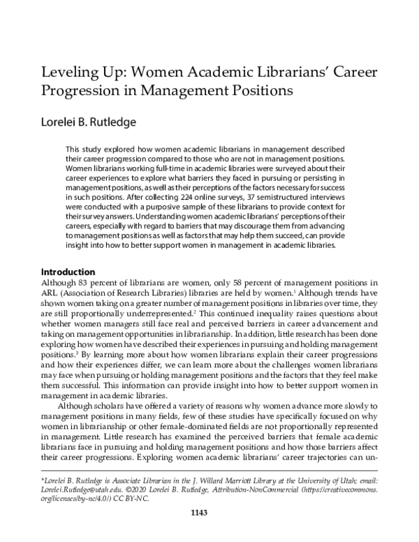 (PDF) Leveling Up: Women Academic Librarians’ Career Progression in Management Positions