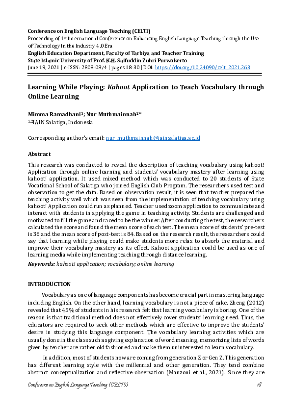 (PDF) Learning While Playing: Kahoot Application To Teach Vocabulary Through Online Learning