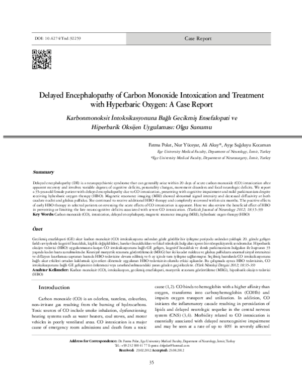 (PDF) Delayed Encephalopathy of Carbon Monoxide Intoxication and ...