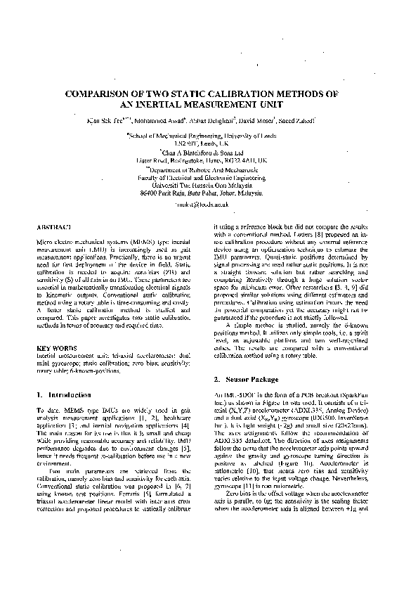 (PDF) Comparison of Two Static Calibration Methods of an Inertial Measurement Unit