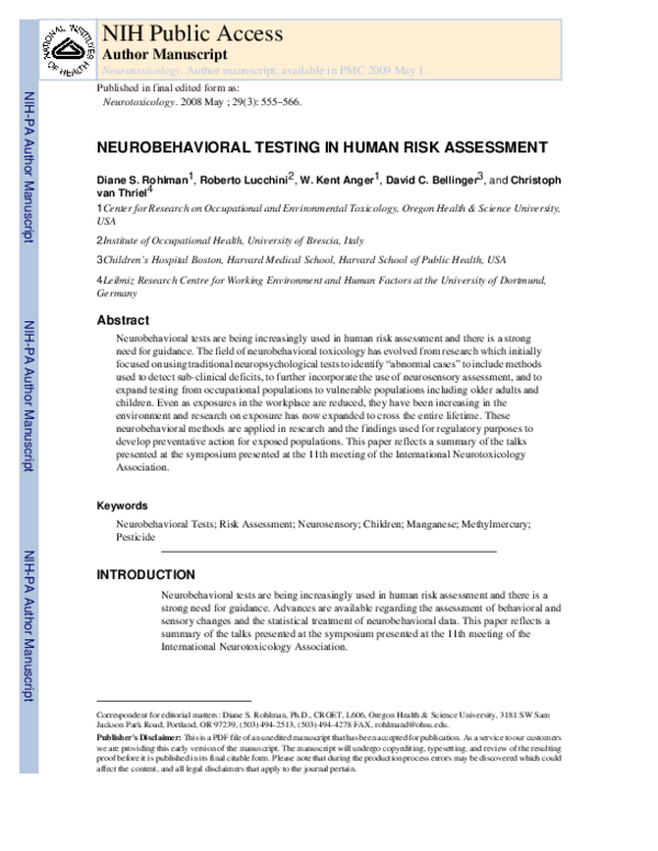 (PDF) Neurobehavioral testing in human risk assessment