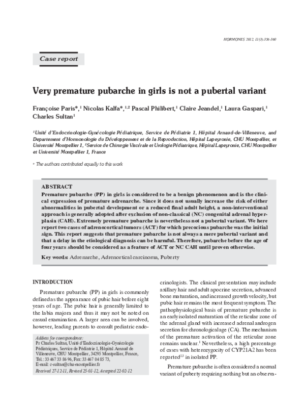 (PDF) Very premature pubarche in girls is not a pubertal variant