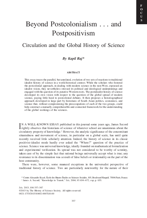 (PDF) Beyond Postcolonialism … and Postpositivism: Circulation and the Global History of Science
