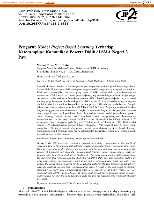 (PDF) Pengaruh Model Project Based Learning Terhadap Keterampilan Komunikasi Peserta Didik Di ...