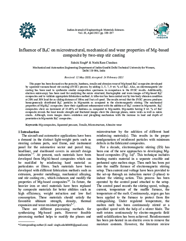 (PDF) Influence of B4C on microstructural, mechanical and wear properties of Mg-based composite ...