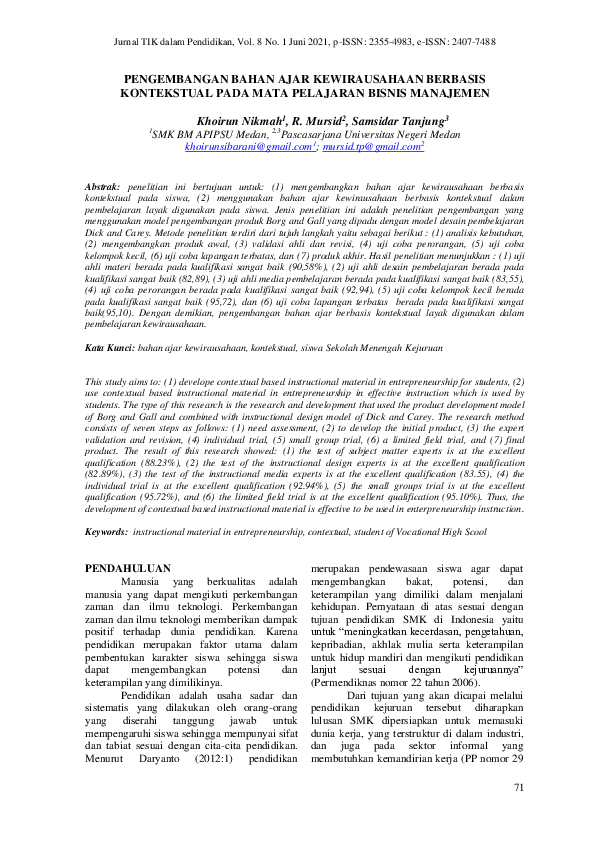 (PDF) Pengembangan Bahan Ajar Kewirausahaan Berbasis Kontekstual Pada Mata Pelajaran Bisnis ...