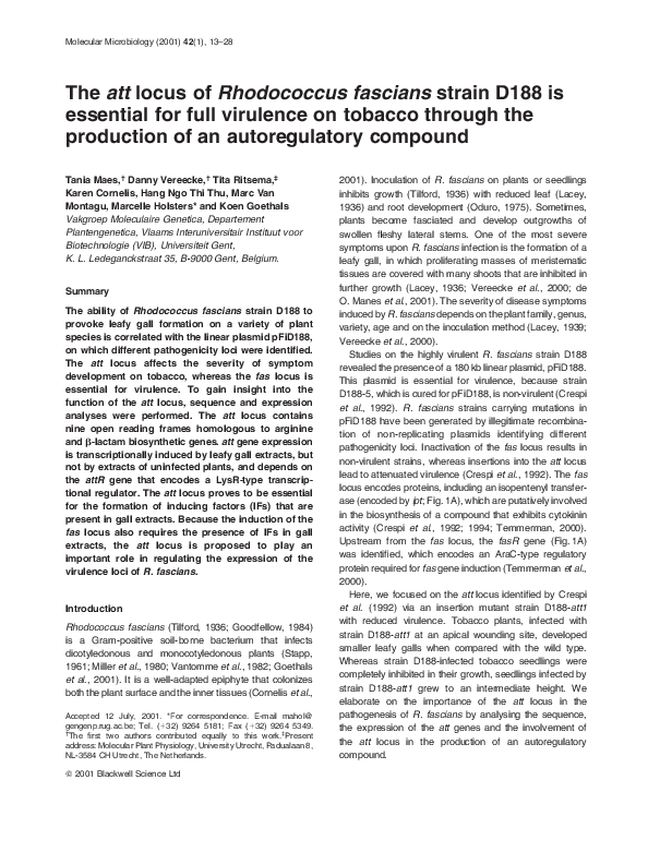 (PDF) The att locus of Rhodococcus fascians strain D188 is essential ...