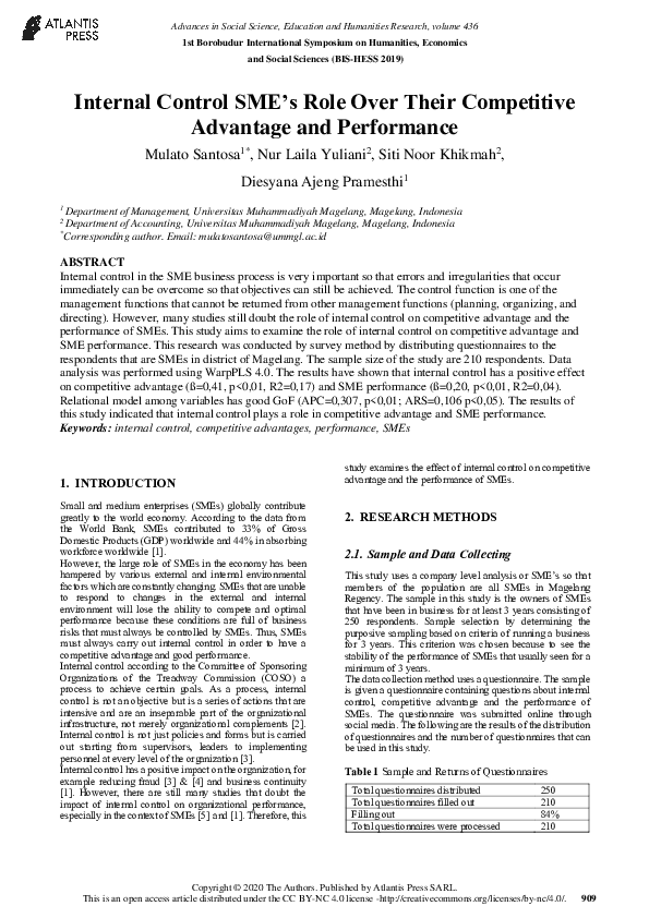 (PDF) Internal Control SME’s Role Over Their Competitive Advantage and Performance
