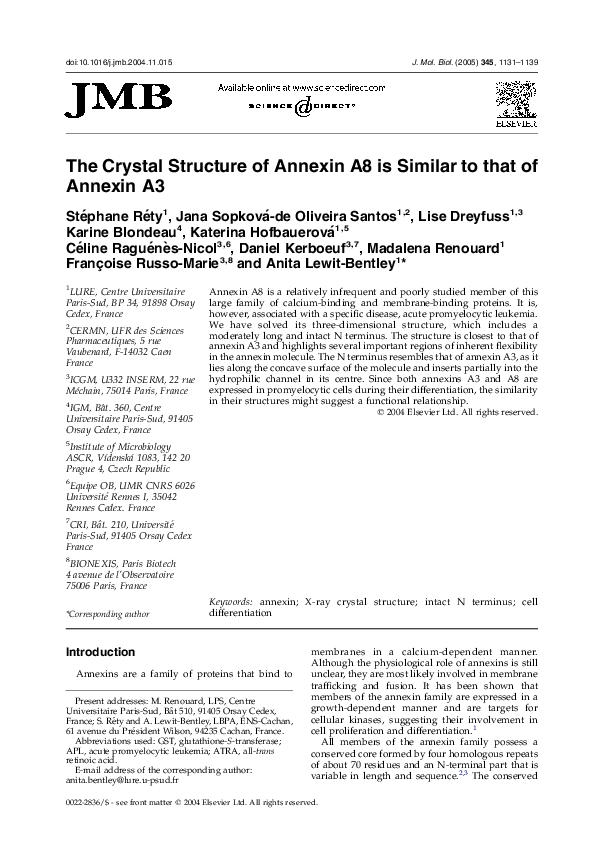 (PDF) The Crystal Structure of Annexin A8 is Similar to that of Annexin A3