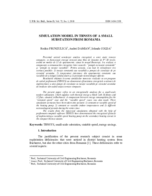 (PDF) Simulation Model in Trnsys of a Small Substation from Romania | Andrei Damian - Academia.edu