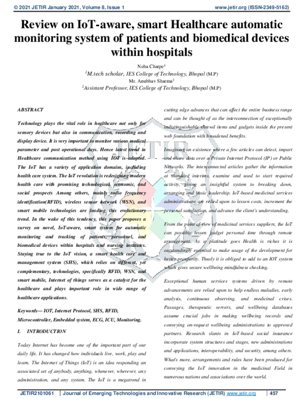 (PDF) Review on IoT-aware, smart Healthcare automatic monitoring system of patients and ...