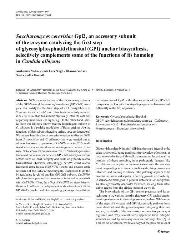 (PDF) Saccharomyces cerevisiae Gpi2, an accessory subunit of the enzyme catalyzing the first ...