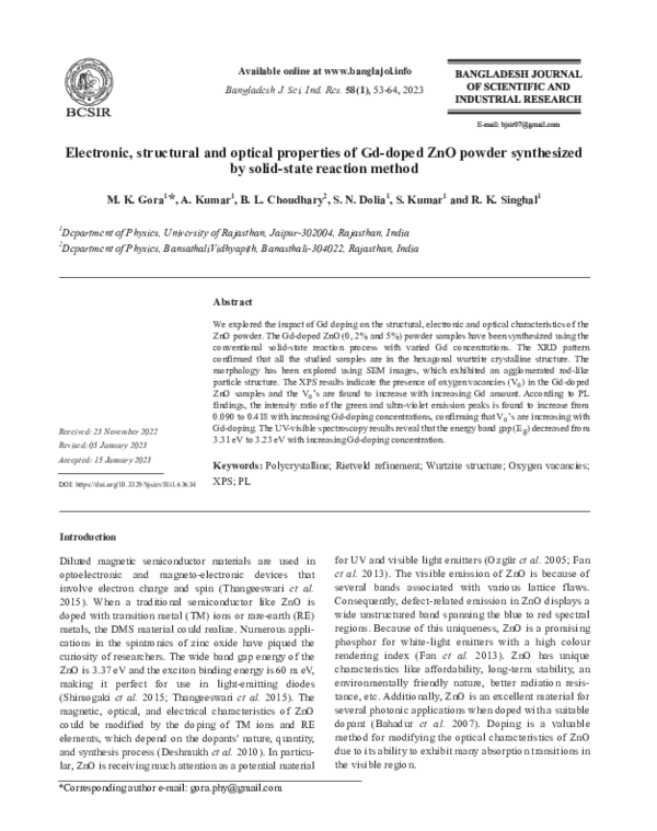 (PDF) Electronic, structural and optical properties of Gd-doped ZnO powder synthesized by solid ...