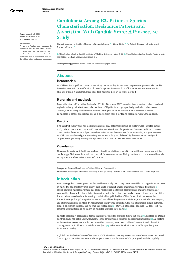 (PDF) Candidemia Among ICU Patients: Species Characterisation ...