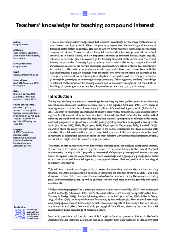 (PDF) Teachers’ knowledge for teaching compound interest