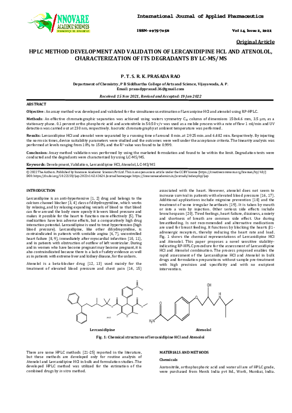 Pdf Hplc Method Development And Validation Of Lercanidipine Hcl And Atenolol Characterization