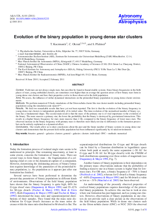 (PDF) Evolution of the binary population in young dense star clusters | Thomas Kaczmarek ...