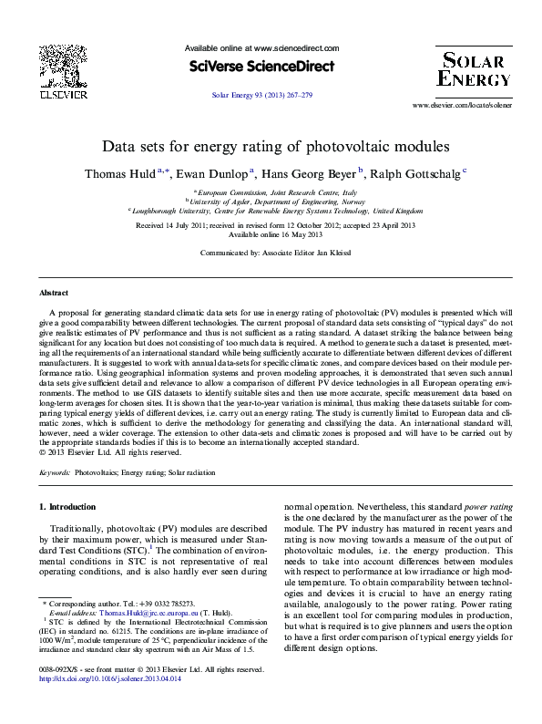 Pdf Data Sets For Energy Rating Of Photovoltaic Modules