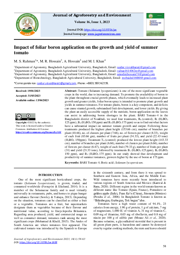 Pdf Foliar Boron Effects On Summer Tomato Yield