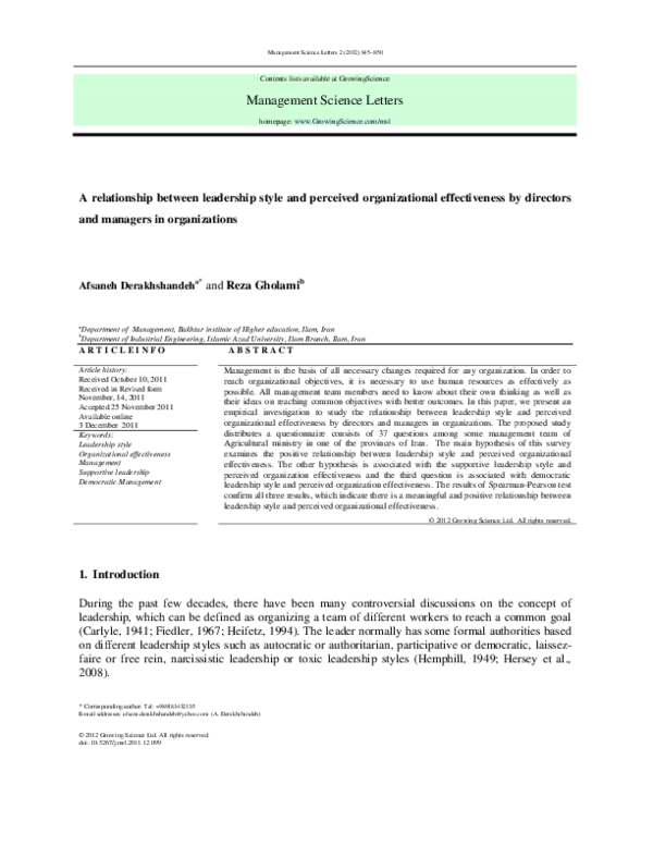 (PDF) A relationship between leadership style and perceived organizational effectiveness by ...