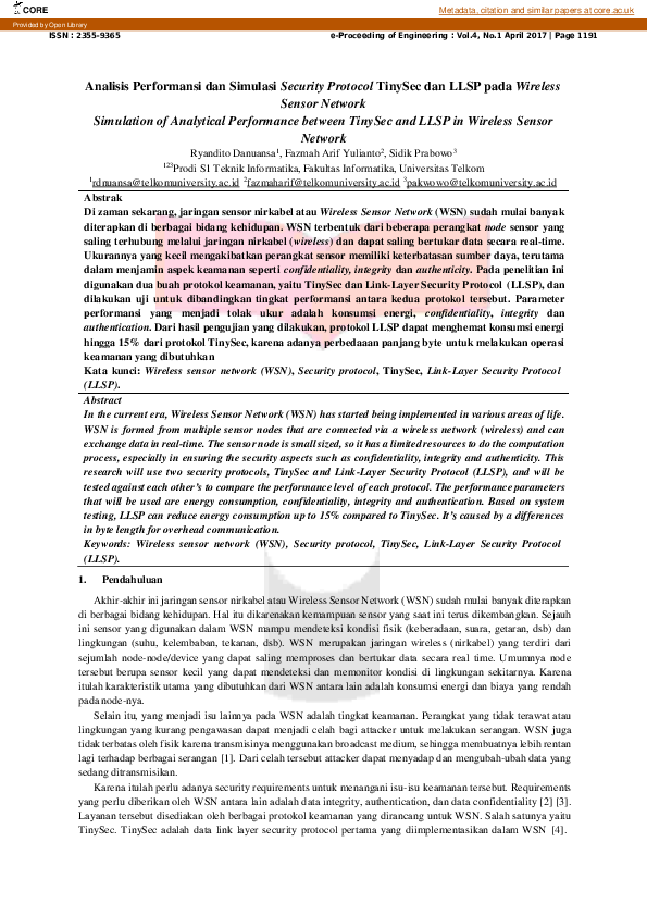 (PDF) Analisis Performansi Dan Simulasi Security Protokol Tinysec Dan Llsp Pada Wireless Sensor ...