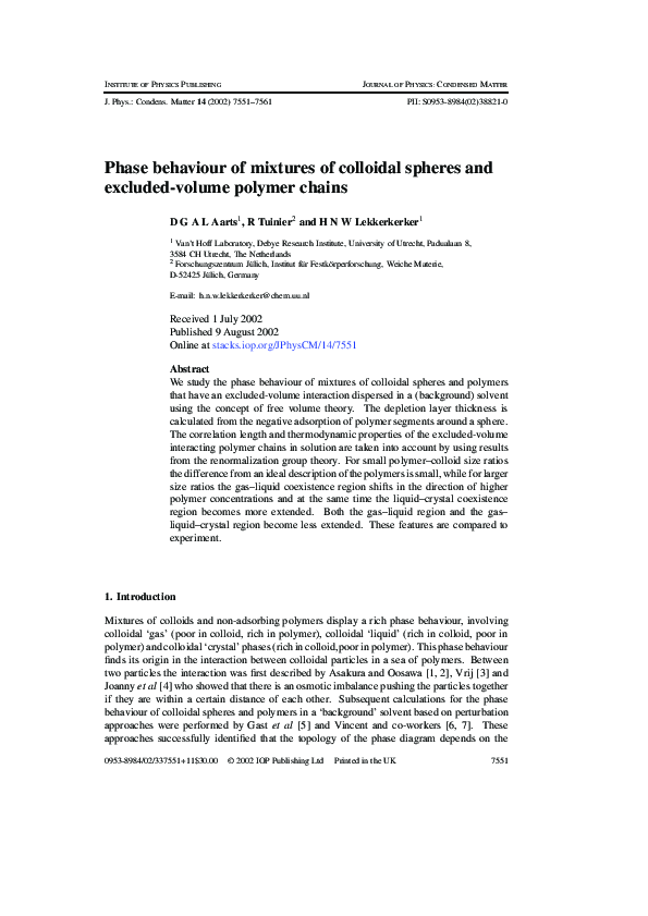 (PDF) Phase behaviour of mixtures of colloidal spheres and excluded ...