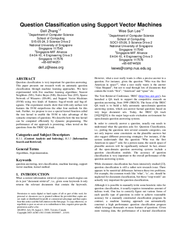 (PDF) Question classification using support vector machines
