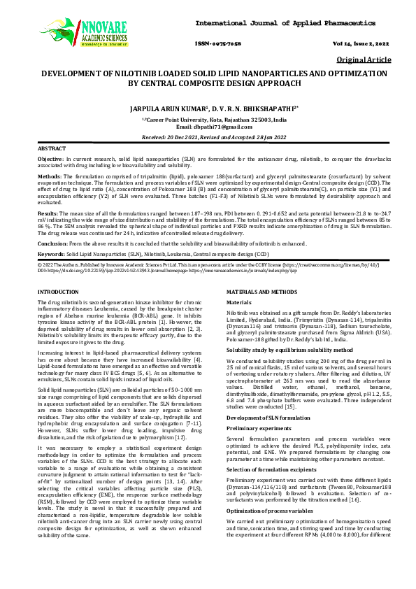 (PDF) DEVELOPMENT OF NILOTINIB LOADED SOLID LIPID NANOPARTICLES AND OPTIMIZATION BY CENTRAL ...