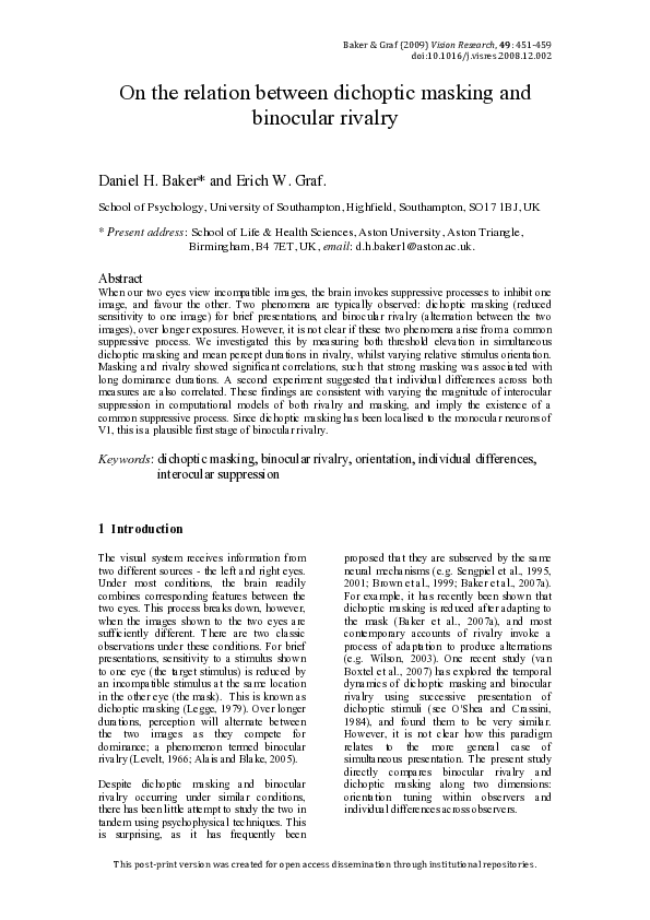 (PDF) On the relation between dichoptic masking and binocular rivalry