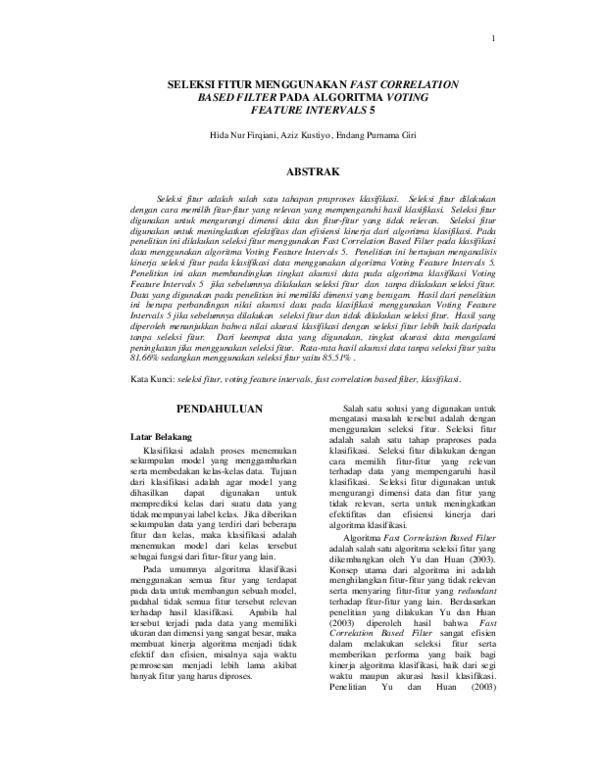 (PDF) Seleksi Fitur Menggunakan Fast Correlation Based Filter Pada Algoritma Voting Feature ...