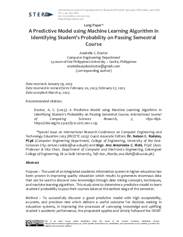 Pdf Long Paper A Predictive Model Using Machine Learning Algorithm