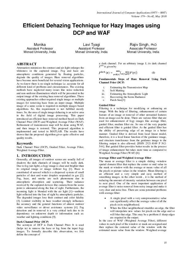 (PDF) Efficient Dehazing Technique for Hazy Images using DCP and WAF | Lavi Tyagi - Academia.edu