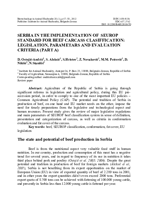 (PDF) Serbia in the implementation of SEUROP standard for beef carcass ...
