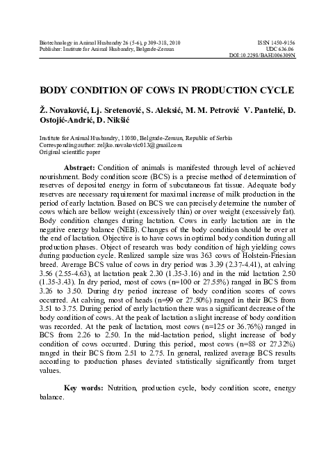(PDF) Body condition of cows in production cycle