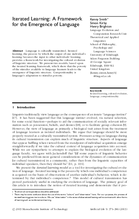 (PDF) Iterated Learning: A Framework for the Emergence of Language