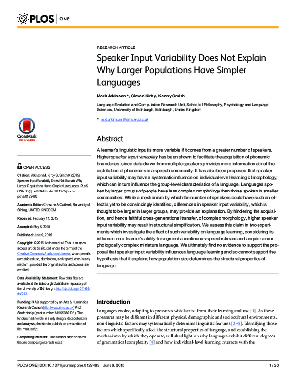 (PDF) Speaker Input Variability Does Not Explain Why Larger Populations ...