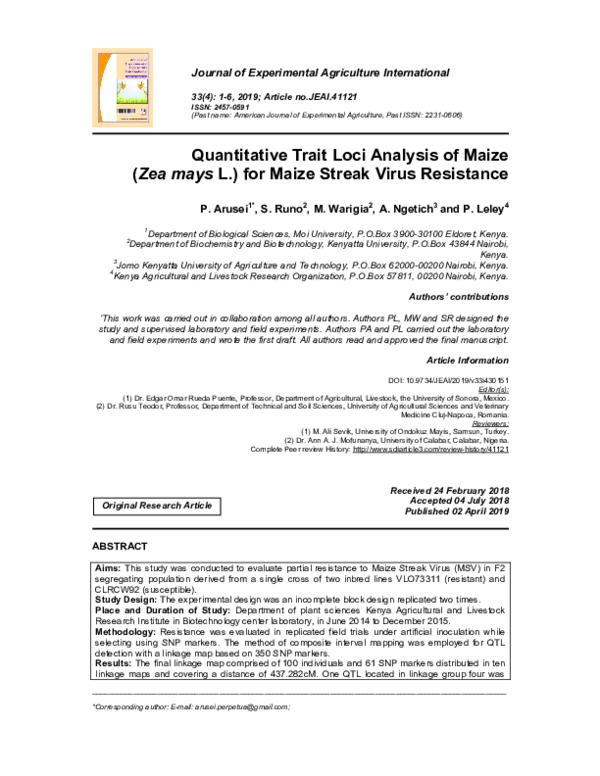 (PDF) Quantitative Trait Loci Analysis of Maize (Zea mays L.) for Maize Streak Virus Resistance