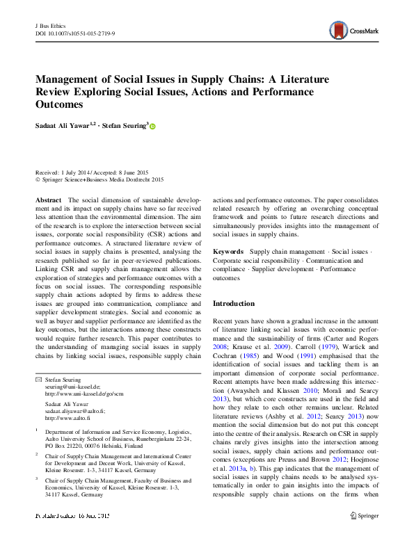 (PDF) Management of Social Issues in Supply Chains: A Literature Review ...