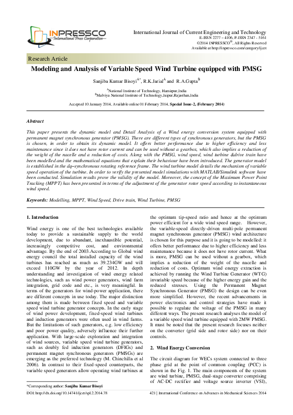 (PDF) Modeling and Analysis of Variable Speed Wind Turbine equipped with PMSG