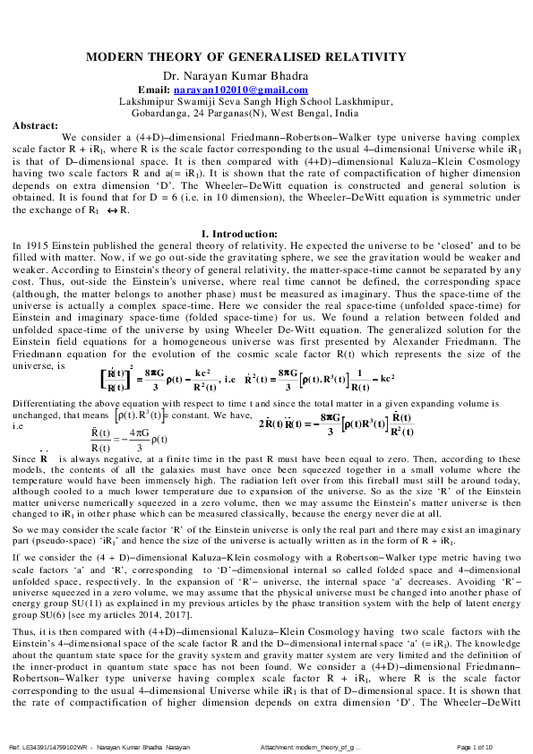 (PDF) MODERN THEORY OF GENERALISED RELATIVITY | Dr Narayan Kumar Bhadra - Academia.edu