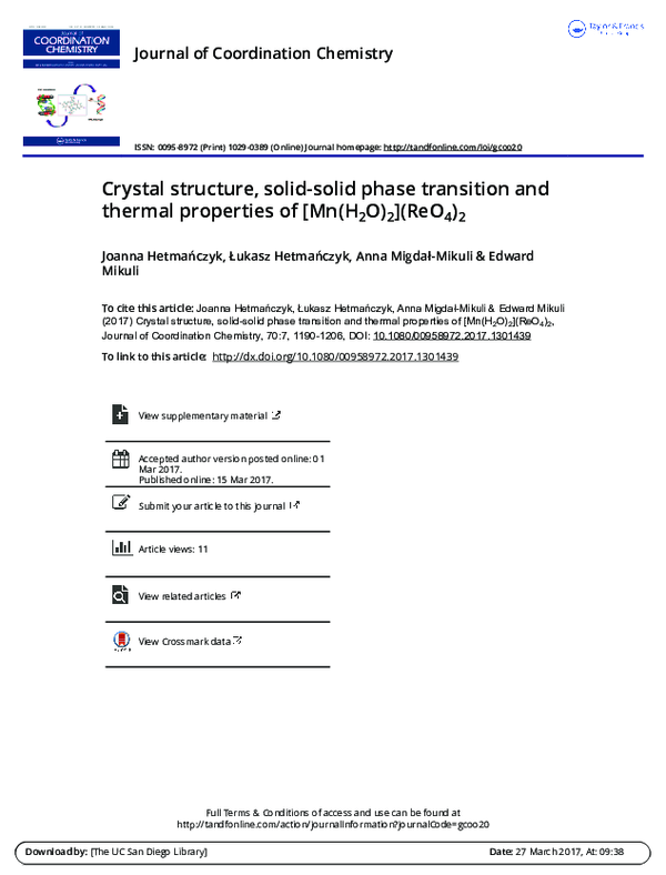 (PDF) Crystal structure, solid-solid phase transition and thermal properties of [Mn(H2O)2](ReO4)2