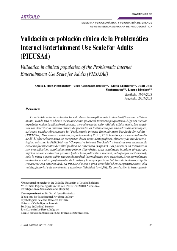 (PDF) Validación en población clínica de la Problemática Internet ...