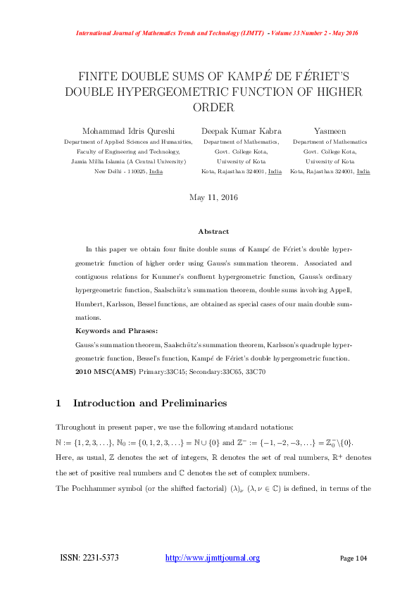 Pdf Finite Double Sums Of Kampé De Fériets Double Hypergeometric Function Of Higher Order